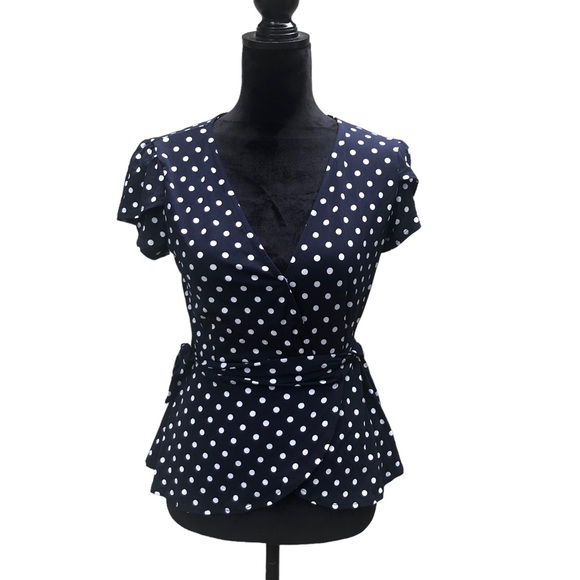 AUW | Tops | Auw Navy Blue Wrap Blouse With White Polka Dots Size Small ...